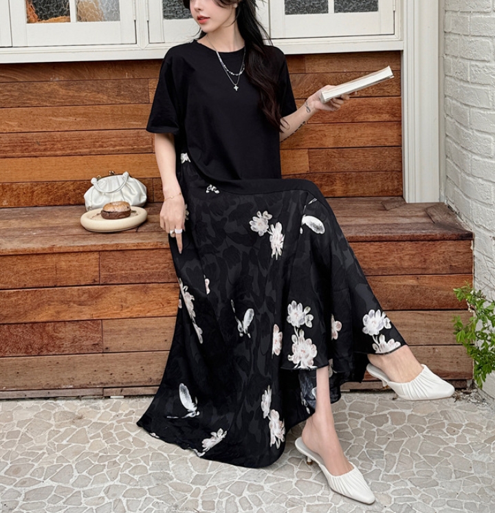 レディース服 2024年夏新作 ロングワンピース 切り替え 花柄 半袖 T